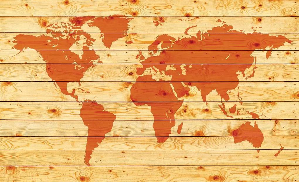 Fototapeta - Mapa světa na borovicových deskách (152,5x104 cm)
