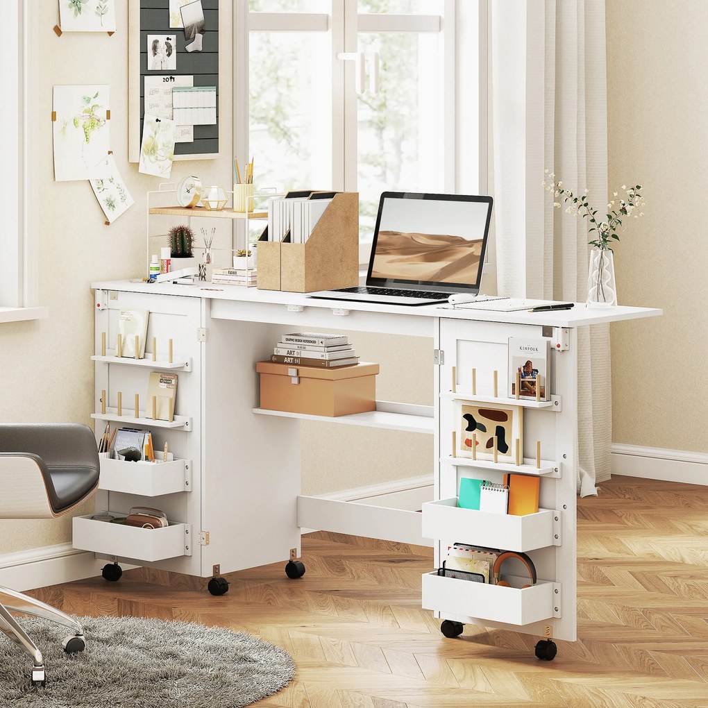 HOMCOM Skládací šicí stůl s 2 magnetickými dveřmi, pojízdný tvořivý stůl s 4 boxy, 20 držáků, úložný prostor, bílá