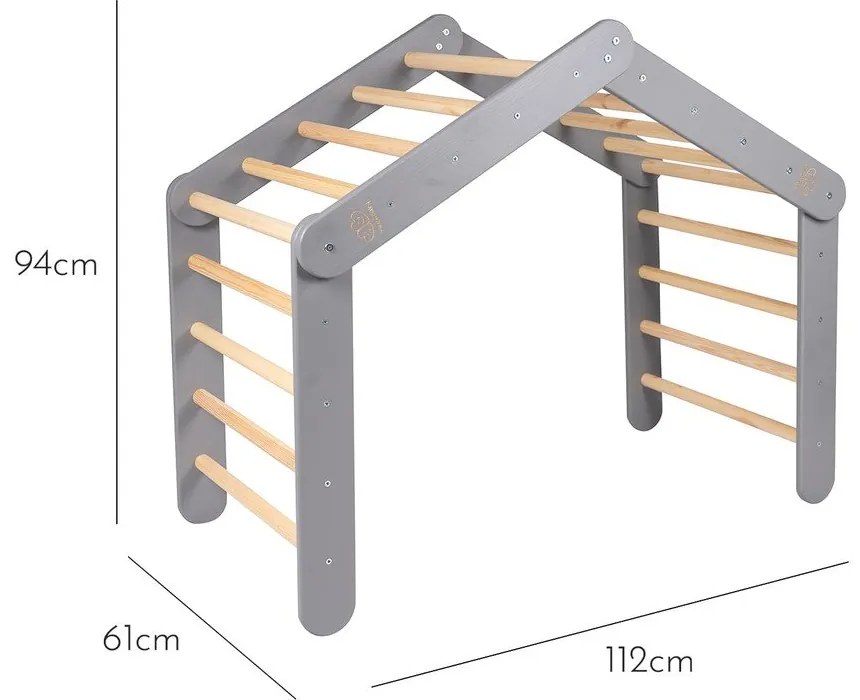Šedý pikler trojúhelník z borovicového dřeva 61x112x94 cm Montessori – Meowbaby