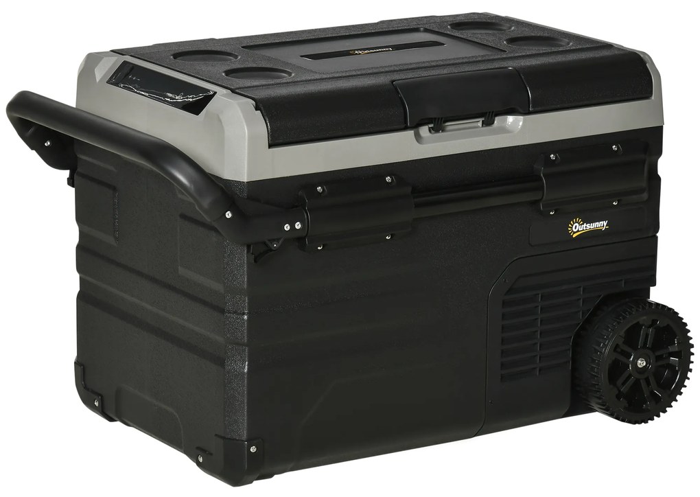 Outsunny chladicí box do auta 40 l s LED osvětlením, kompresorová autochladnička s přepravními kolečky, 12/24 V DC a 110-240 V AC, šedá a černá | Aos…