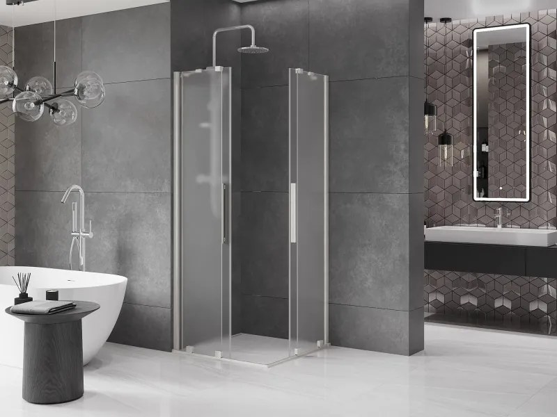 Mexen Velar Duo, sprchový kout s posuvnými dveřmi 90 x 90 cm, 8mm sklo námraza, broušená ocel, 871-090-090-32-97