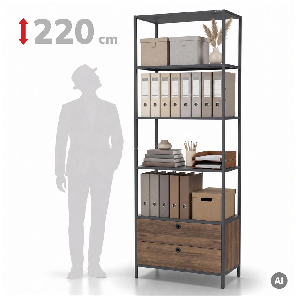 Regál se zásuvkami do kanceláře, na šanony a dokumenty, otevřené police, kovový, antracitový/ořech, 800x2200x400 mm: ARIEL Eco Design