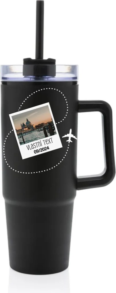 Personalizovaná cestovní termoska s průhledným víčkem s fotkou a cestovatelským motivem