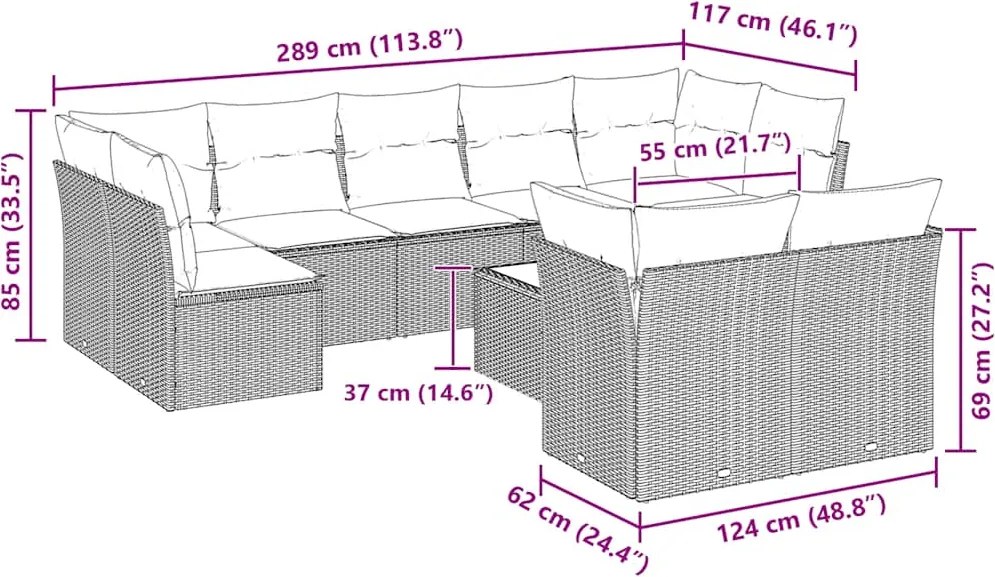 10dílná zahradní sedací souprava podušky světle šedá polyratan 3250001