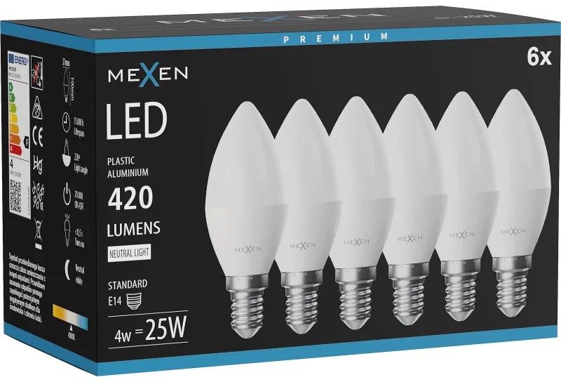 Mexen Nova 6x LED žárovka E14, C37, 4W, Neutrální - 4000K, 420 lm - L102-E14-0440-01x06