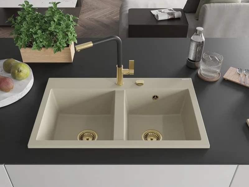 Mexen Hektor, 2-komorový granitový dřez 800x480x205 mm, béžová, zlatý sifon, 6521802000-69-G