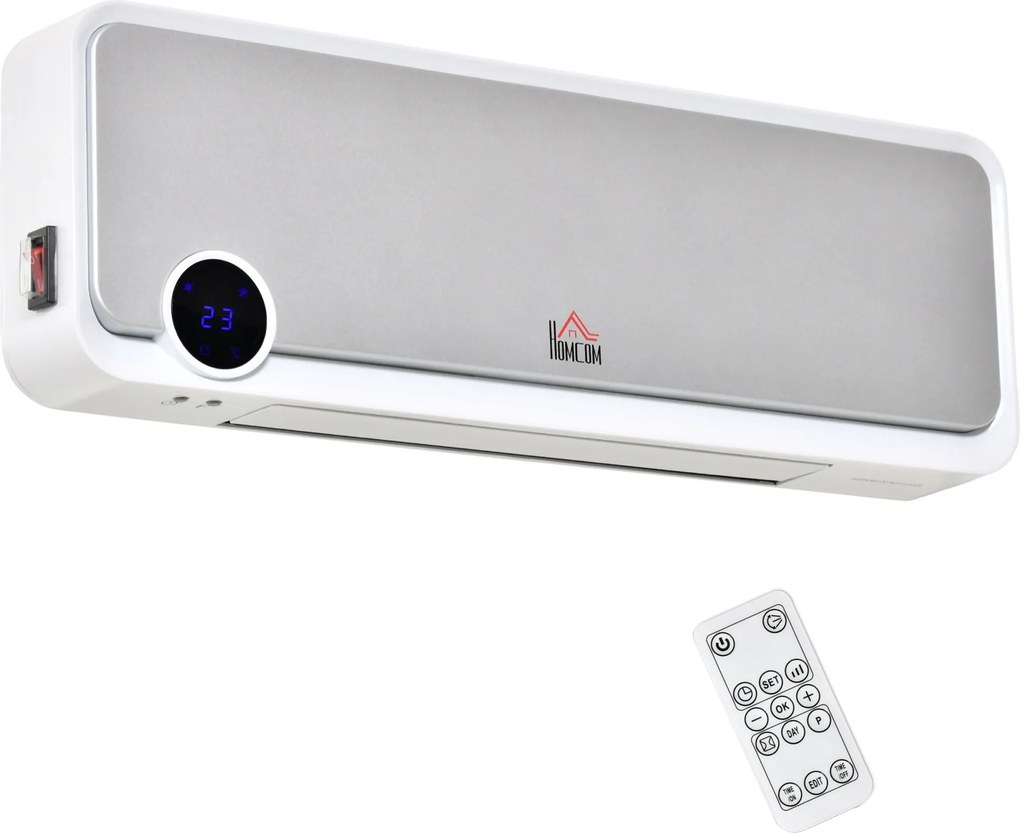 HOMCOM Topný ventilátor na stěnu 2000W s dálkovým ovládáním, 3 režimy provozu, LED displej, 12hodinový časovač 820-252V90