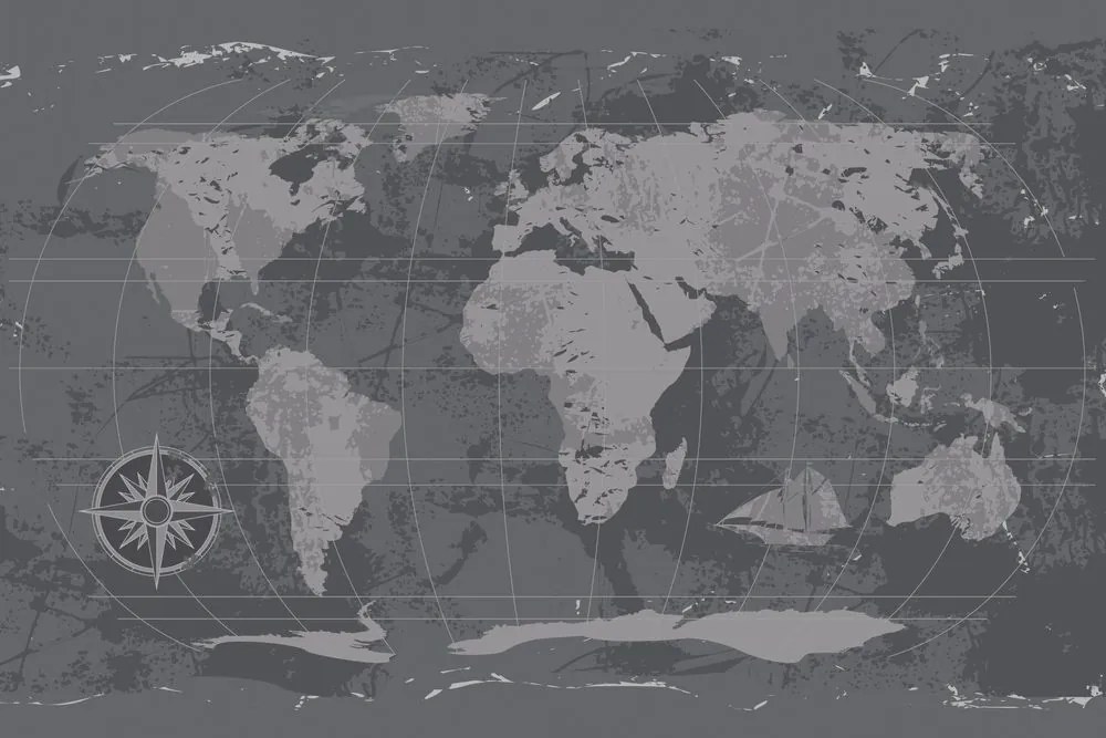 Tapeta rustikální mapa světa v černobílém - 225x150 cm