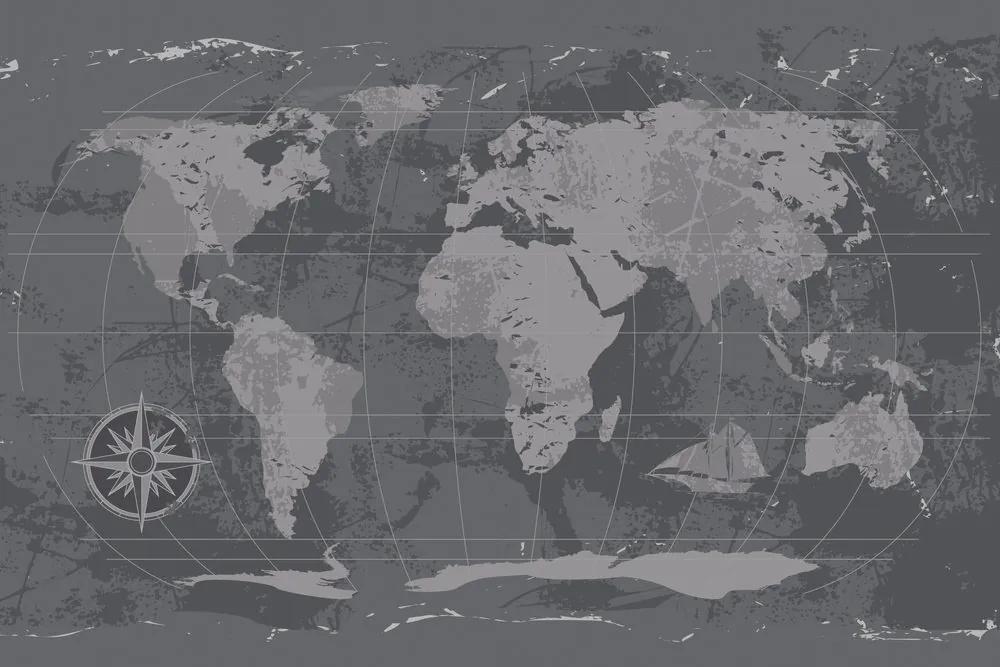 Tapeta rustikální mapa světa v černobílém - 375x250 cm