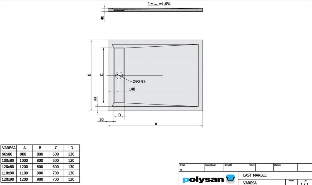 Polysan VARESA sprchová vanička z litého mramoru se záklopem, obdélník 110x90x4cm, bílá, 72938