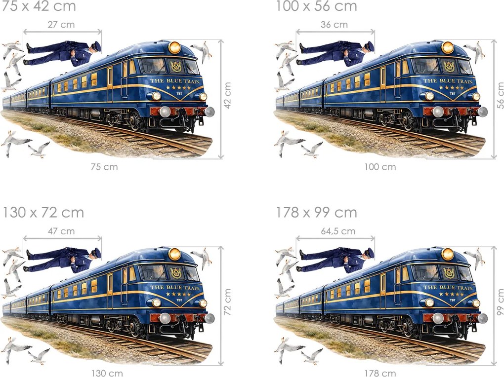 Vlak The blue train textilní přelepitelné samolepky na zeď arch 130 x 72 cm