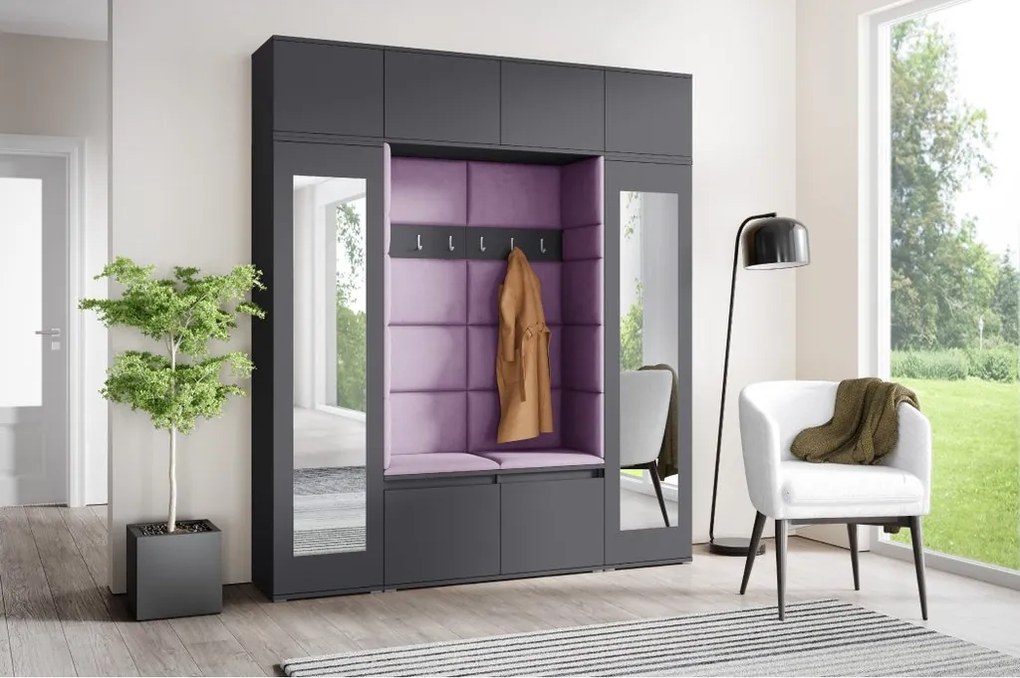 Eka Předsíňová stěna s čalouněnými panely Trinity 32 - Grafit / Fialová 2311