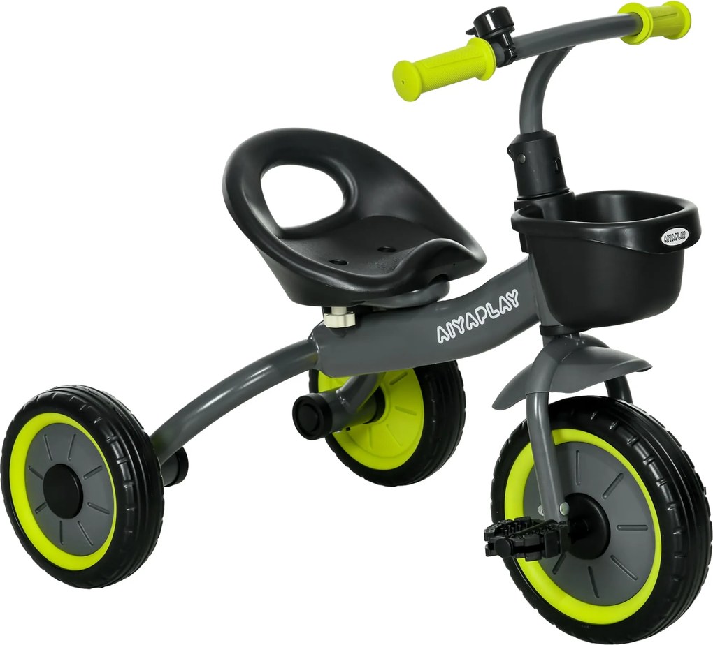 Dětský tříkolka AIYAPLAY pro děti od 2 do 5 let s nastavitelným sedadlem, košíkem, zvonkem, pedály a 3 koly, nosnost 25 kg, rozměry 70,5x53x58 cm, šed