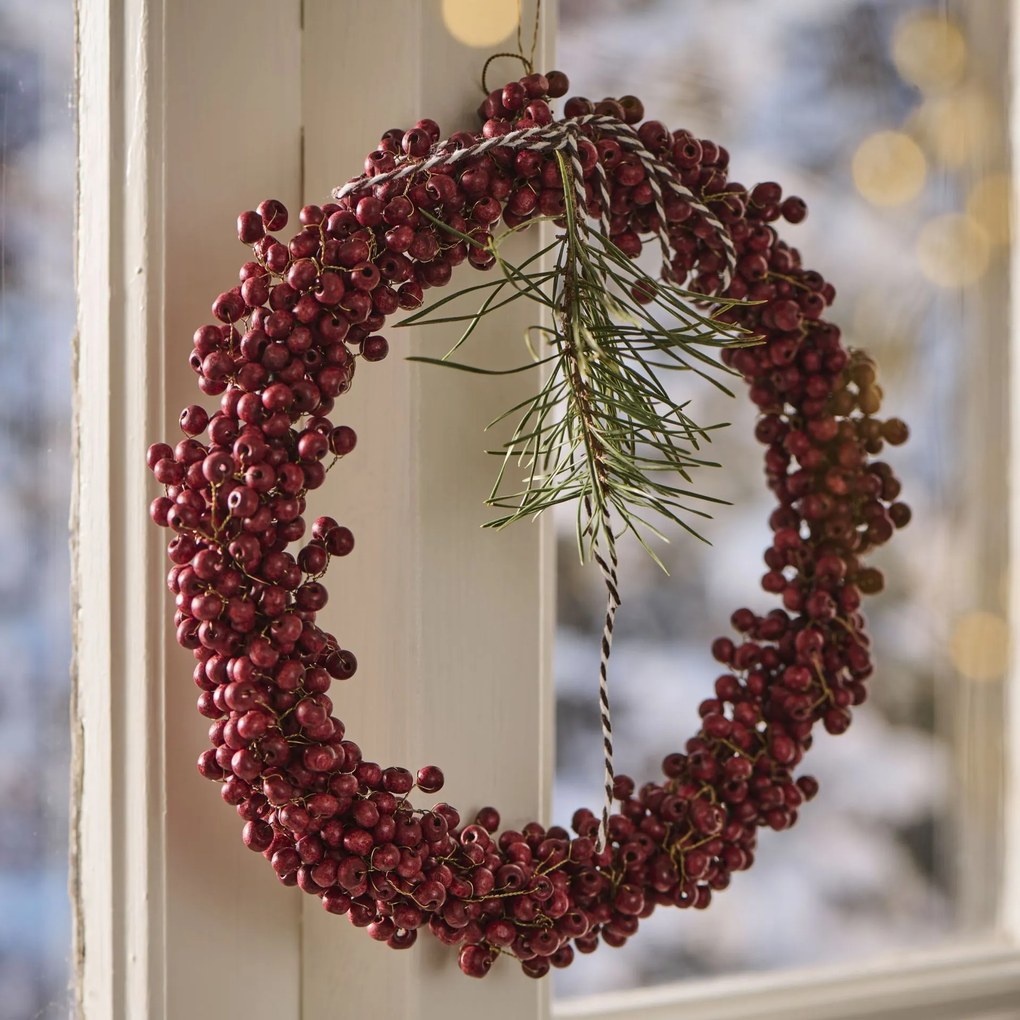 Ib Laursen Korálkový věneček Wooden Beads Red Ø 22 cm, červená barva, dřevo