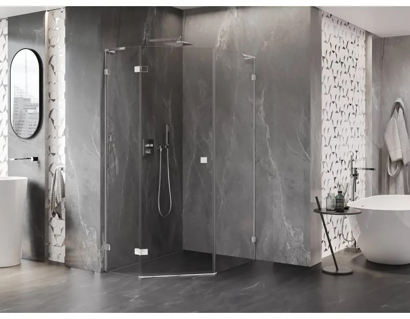 Mexen Lunar, L pětiúhelníkový sprchový kout naklápěcí doleva 80 x 90 cm, 8mm čiré sklo, chromový profil, 831L-080L-090P-01-00-L