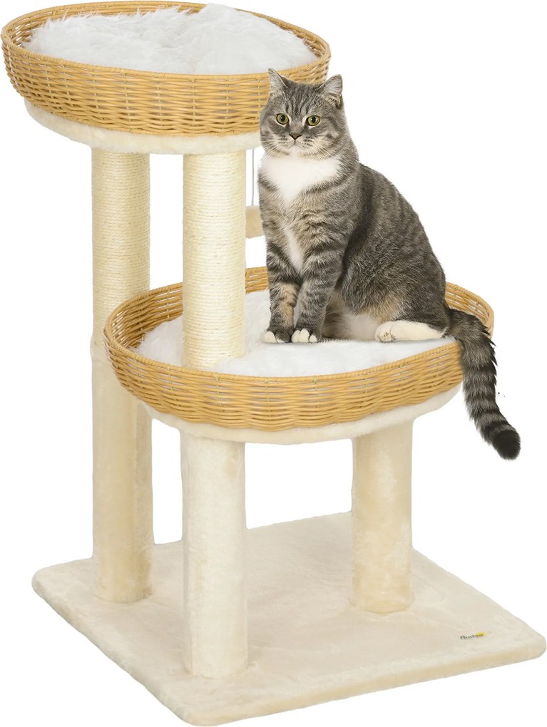 PawHut Kočičí strom, climbing tree, výška 75,5 cm, se dvěma ratanovými kočičími postelemi, škrabacími sloupy, pratelnými polštáři, hračkou, Béžový | A