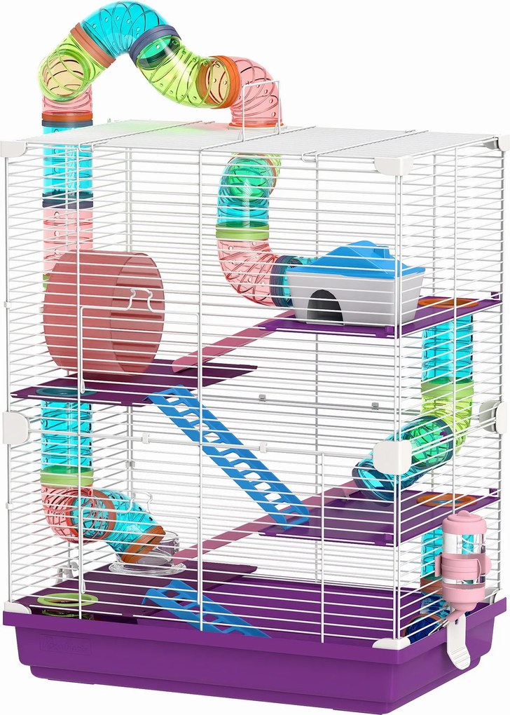 Klec pro křečky PawHut, 4 úrovně s tunely, krmítkem, kolem, domkem a žebříky, rozměry 46D x 30Š x 58V cm, fialová