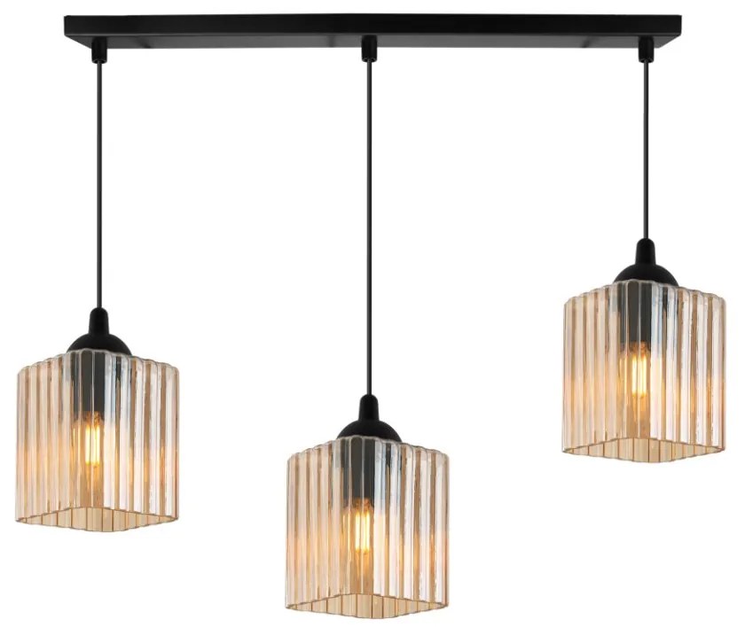 Závěsné svítidlo Riffle Square, 3x medové skleněné stínítko, b