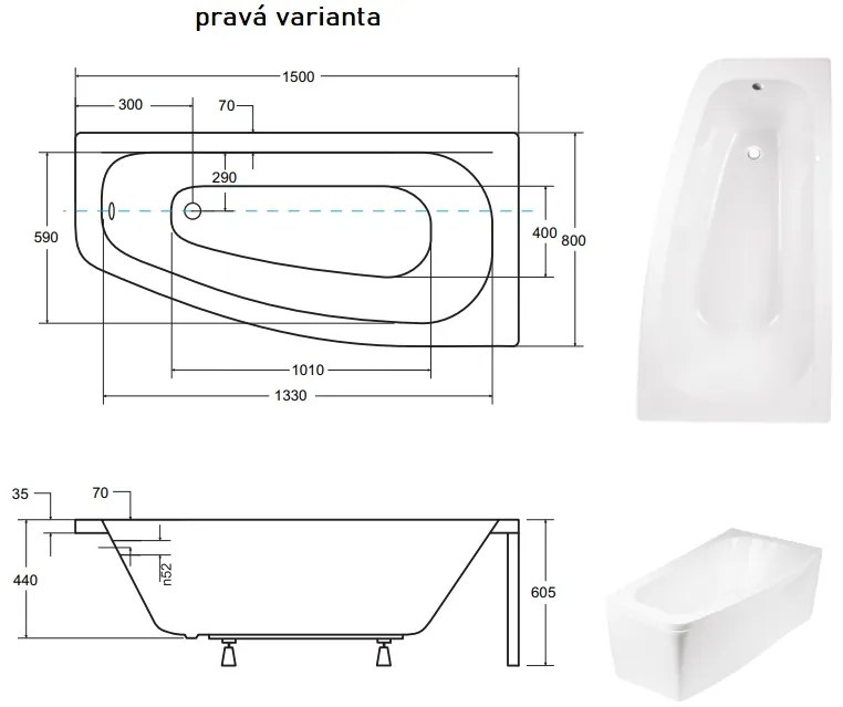 Besco Luna 150x80 akrylátová vana Délka vany: 150cm, Orientace: Levá