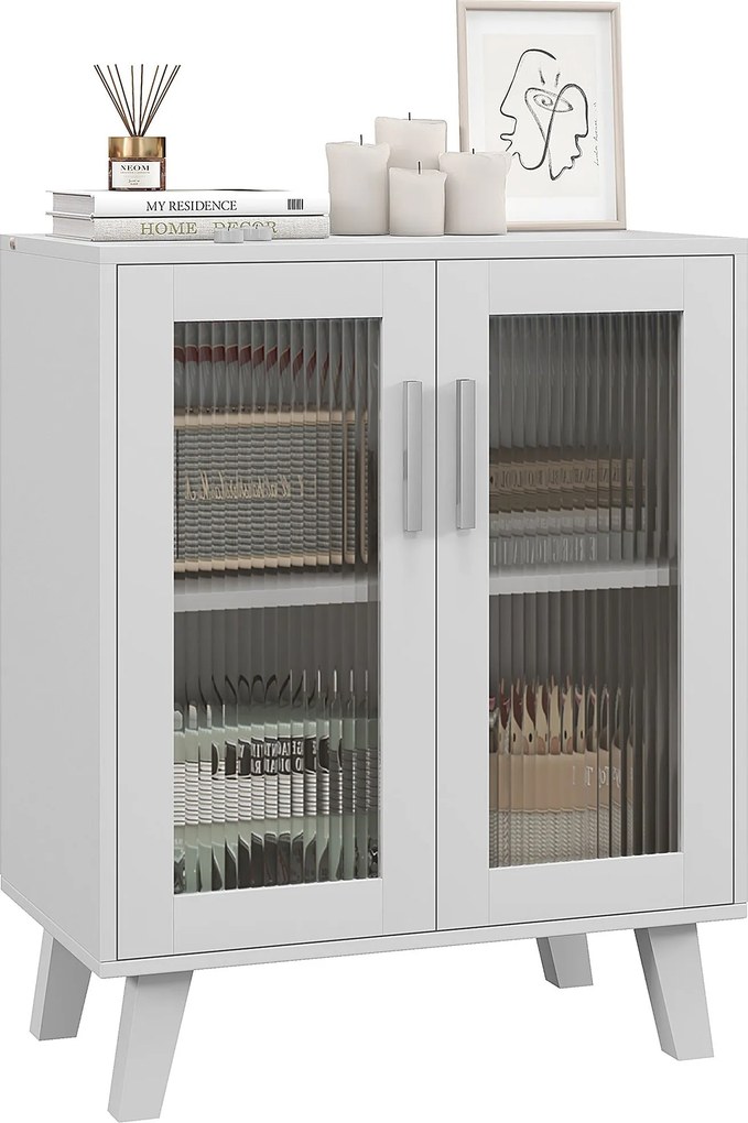 HOMCOM Moderní Komoda s 2 Průhlednými Dveřmi, Víceúčelová 2-police pro Kuchyň a Obývací Pokoj, 61x35x75cm, Bíla | Aosom