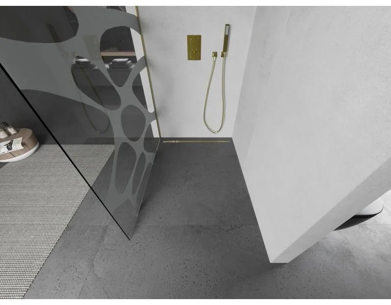 Mexen Kioto, sprchová zástěna Walk-In 80 x 200 cm, 8mm čiré sklo bílý vzor, ​​zlatý matný profil, 800-080-101-55-97