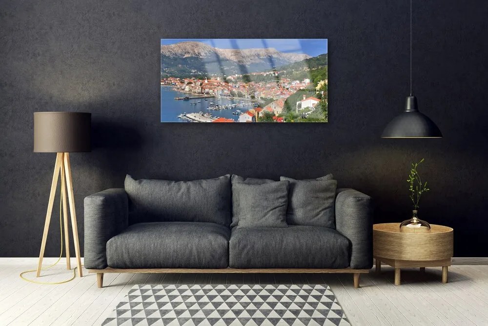 akrylový obraz Město Hora Moře Krajina 100x50 cm