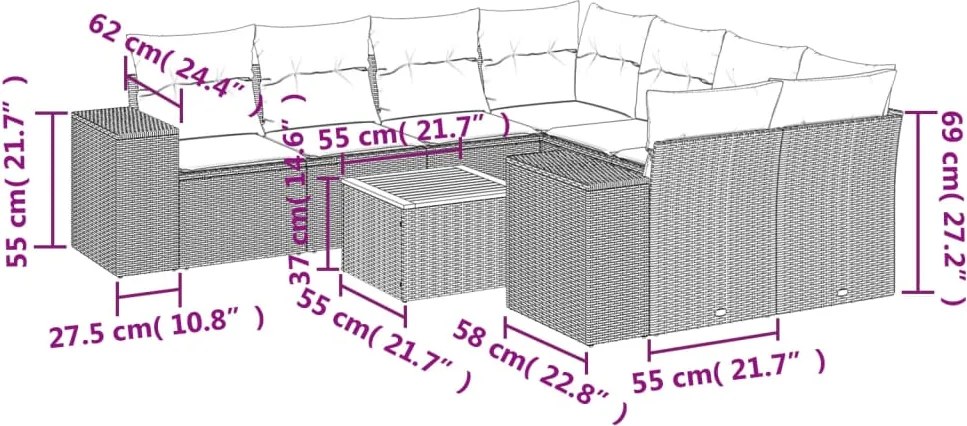 9dílná zahradní sedací souprava s poduškami béžová polyratan 3225373