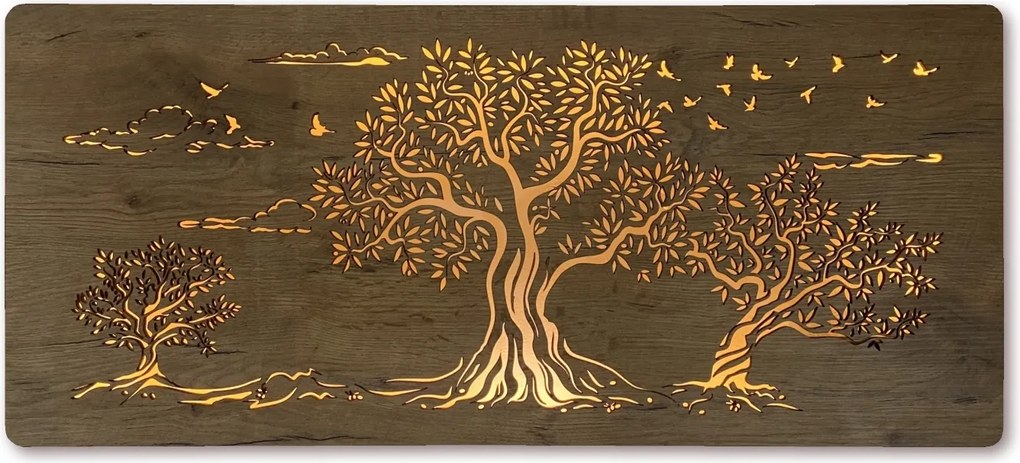 Li-Go "Tři olivy" světelný obraz s baterií 110x50cm varianta ovládání: manuál/pohybové čidlo, provedení povrchu: dub