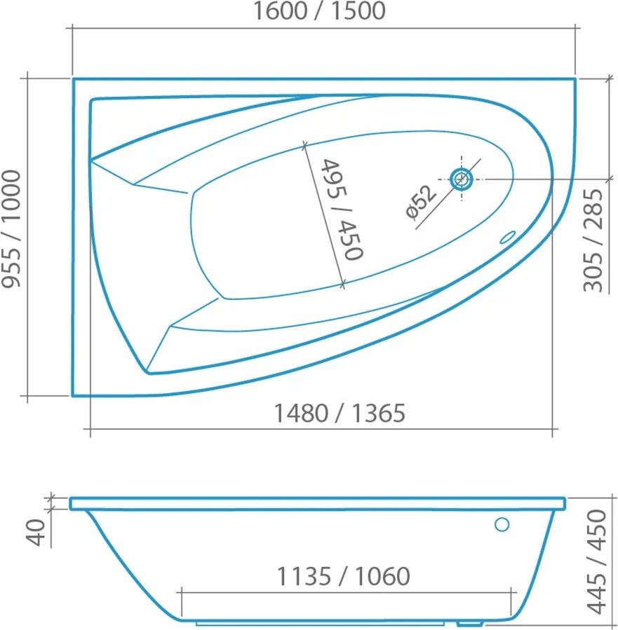 Asymetrická akrylátová vana iBATH ASYMMETRIC NEO Levá 150 cm 95 cm 9170000