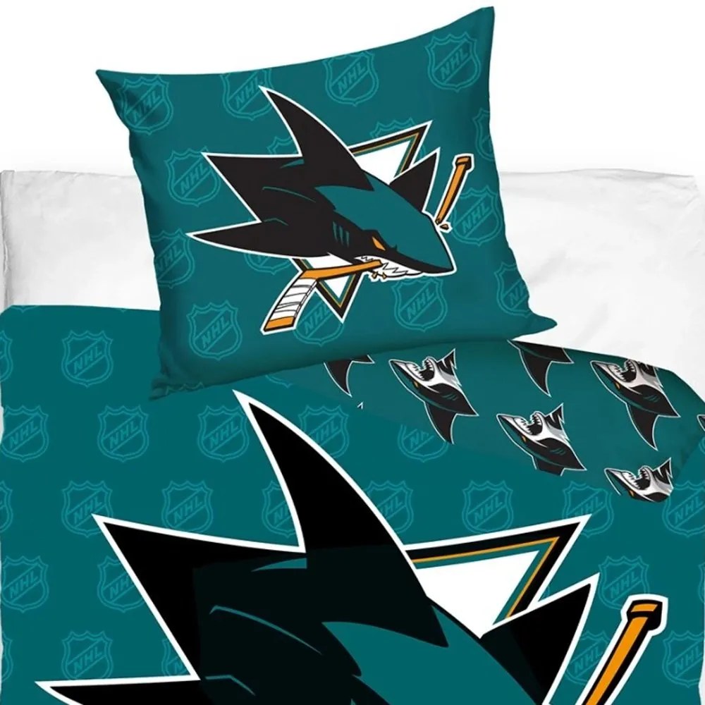 Hokejové ložní povlečení NHL San Jose Sharks - motiv Shield - 100% bavlna renforcé - 70 x 90 cm + 140 x 200 cm