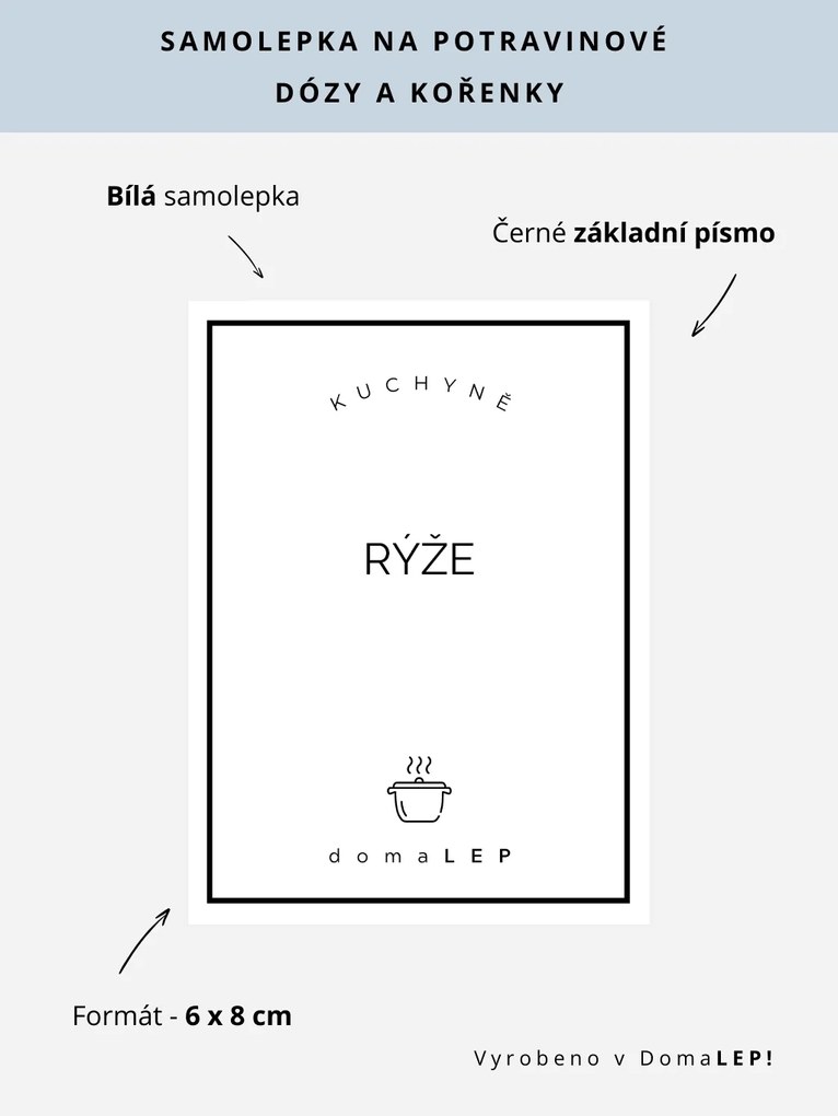 RÝŽE – bílá samolepka na dózu, základní písmo, 6 x 8 cm | DomaLEP