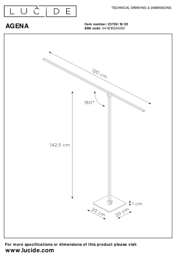 Lucide 23750/15/30 stojací LED lampa Agena černá, 18W, 2700K, 142,5cm