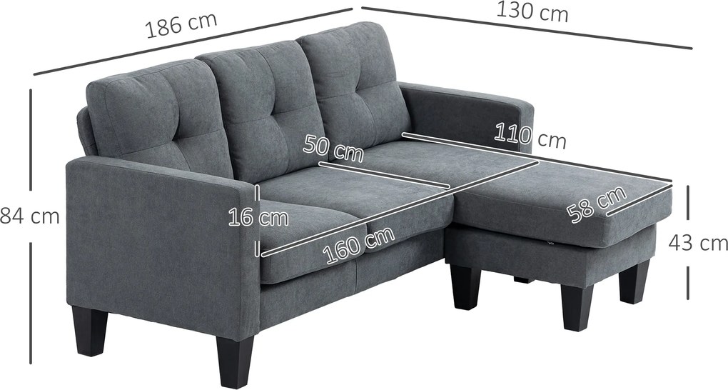 HOMCOM Rohová pohovka s odnímatelným chaise longue, L tvarovaná pohovka se sprężinovým jádrem, vysokohustotní pěnou, vzhled lnu pro obývací pokoj, lo…