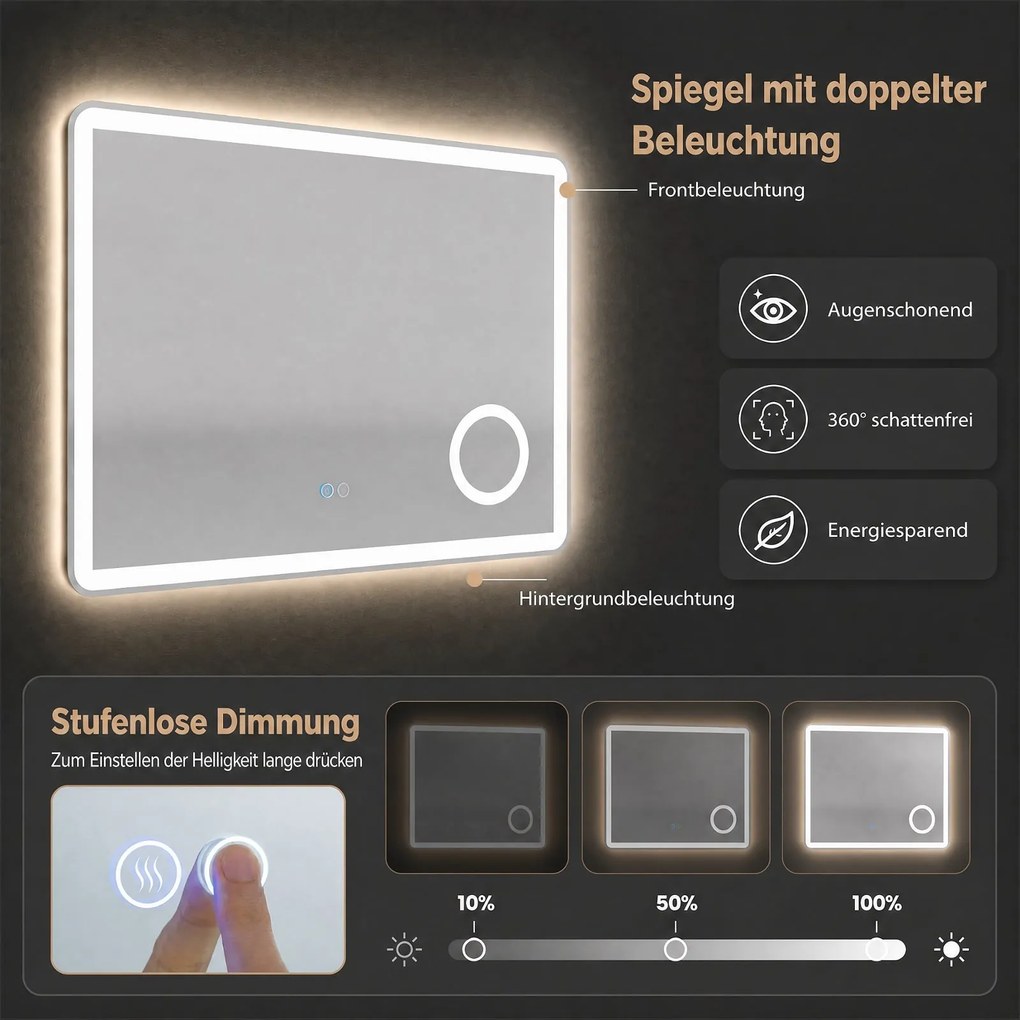 Costway Koupelnové zrcadlo LED s osvětlením a integrovaným 3-x zvětšovacím