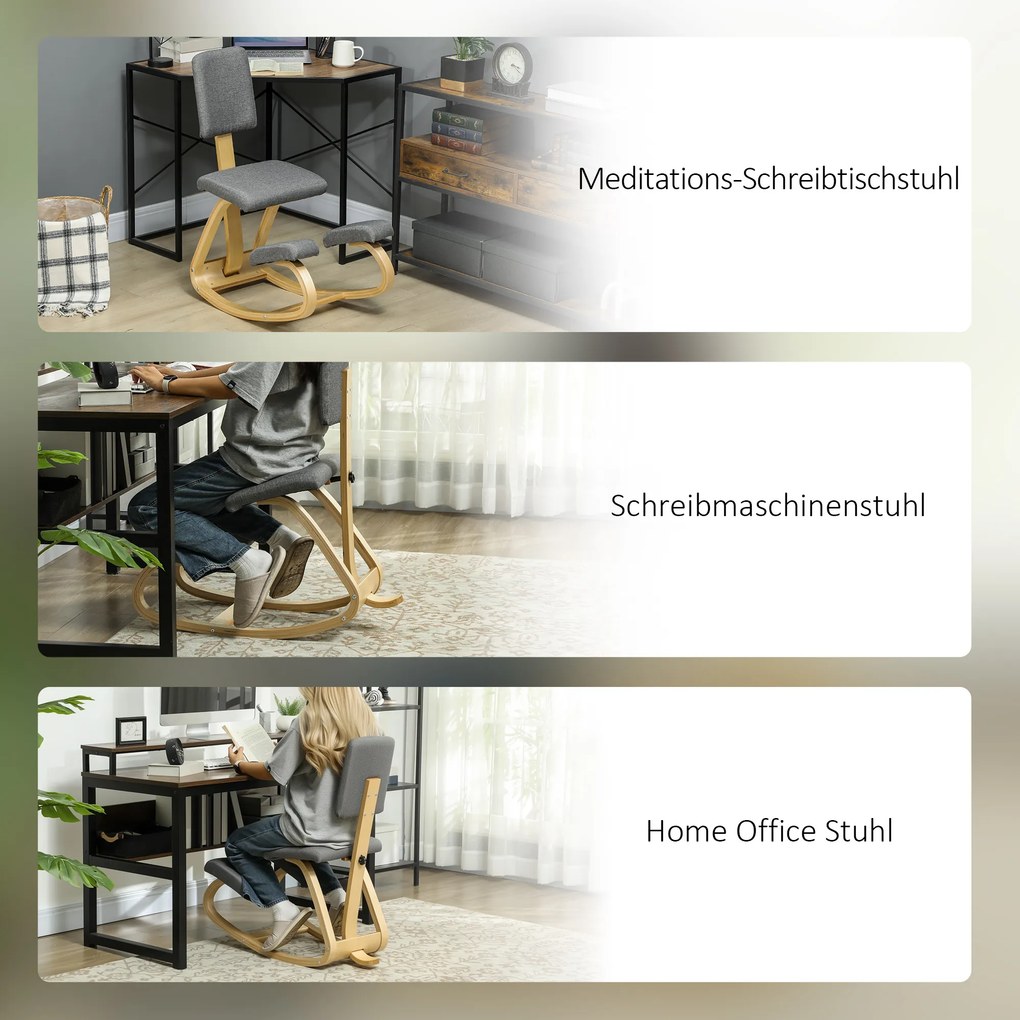 HOMCOM Ergonomická Kolenní Židle s Opěrkou, Houpací Kolenní Sedák, Ergonomická Dřevěná Židle, Ortopedická Kancelářská Židle, Korektor Držení Těla, Úl…