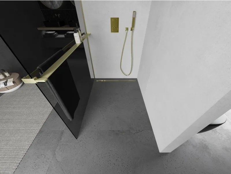 Mexen Kioto+ L, sprchová zástěna Walk-In s poličkou a věšákem 90 x 200 cm, 8mm šedé sklo, zlatý matný profil, 800-090-123-55-40