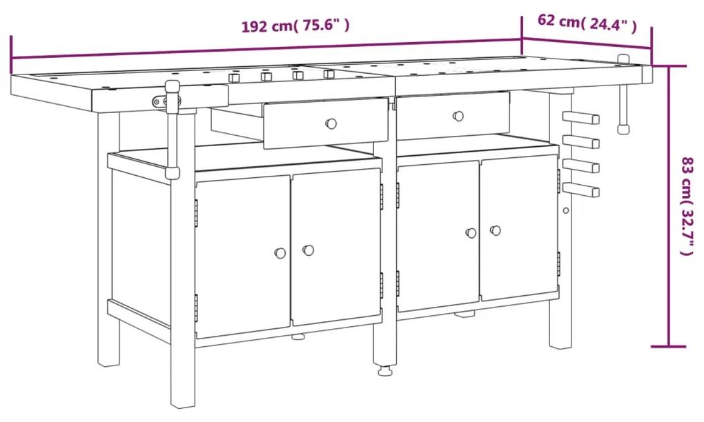 Pracovní stůl se zásuvkami a svěráky 192x62x83cm masivní akácie,  153326