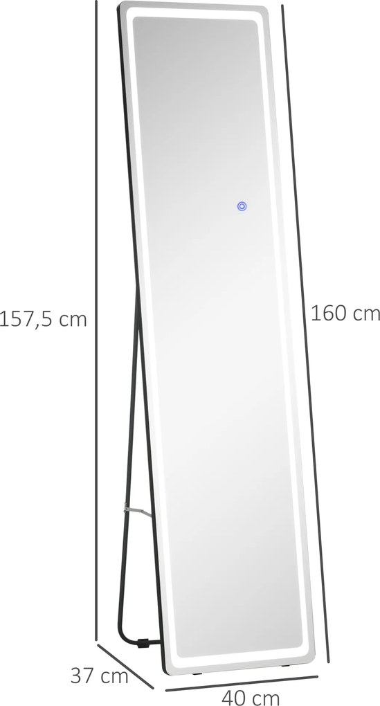 HOMCOM stojací zrcadlo 2 v 1 s LED světlem, volně stojící, hliník, nastavitelný světelný zdroj, 40 cm x 37 cm x 157,5 cm