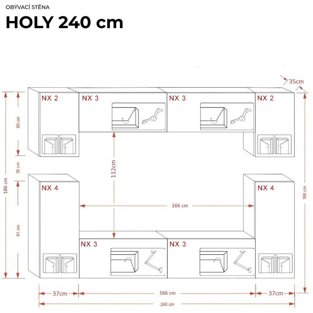 Ral Obývací stěna HOLY 2, 240 cm - Bílý lesk