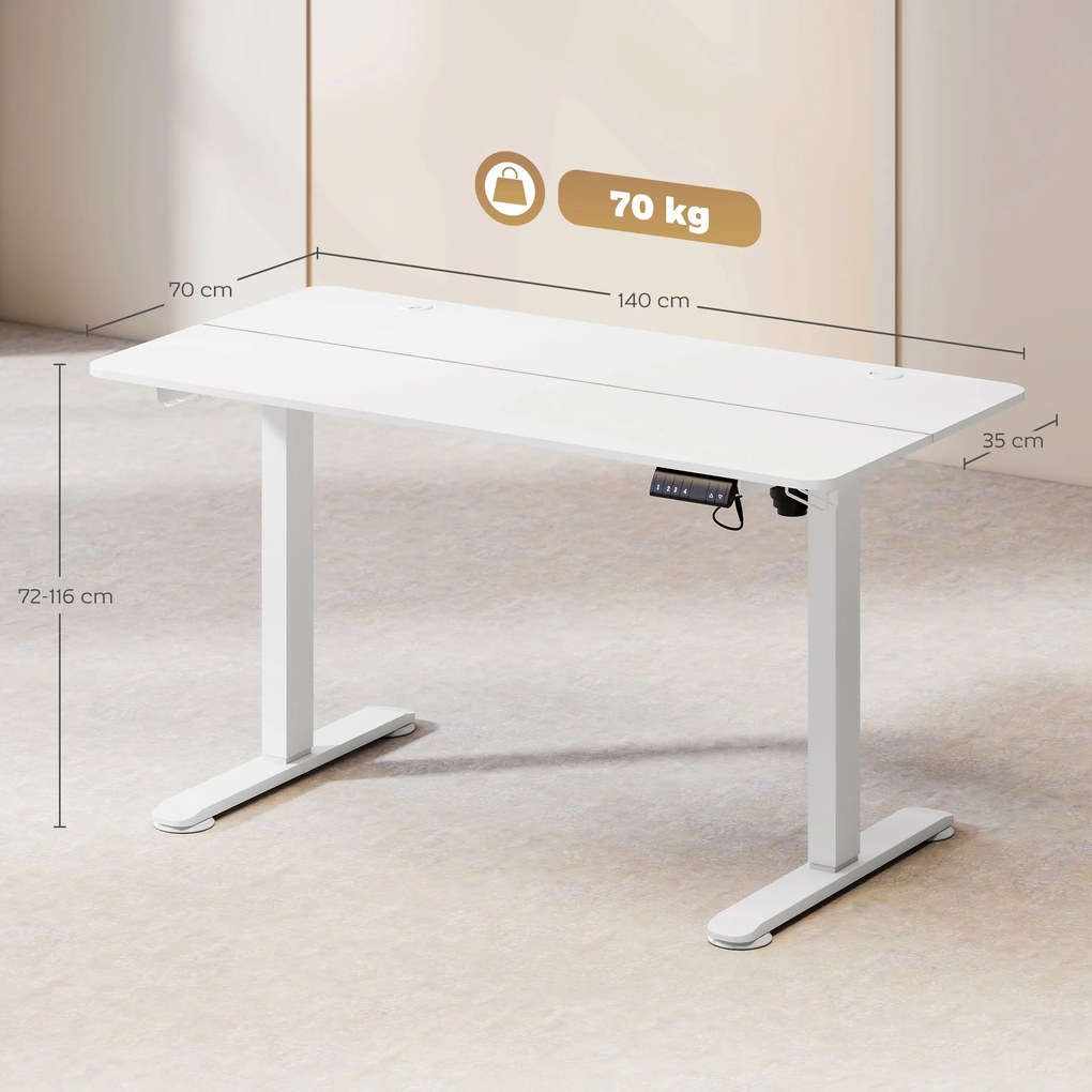 Vinsetto Výškově nastavitelný stůl 140x70cm Elektrický počítačový stůl 4 Paměť Ergonomické sedadlo Stojící stůl Háček proti kolizi Bílý