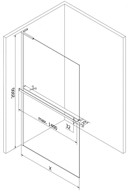 Mexen Kioto+ L, sprchová zástěna Walk-In s poličkou a věšákem 80 x 200 cm, 8mm čiré sklo bílý vzor, ​​zlatý matný profil, 800-080-123-55-85
