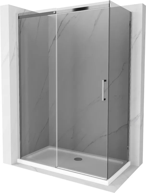Mexen Omega, sprchový kout s posuvnými dveřmi 130 (dveře) x 70 (stěna) cm, 8mm šedé sklo, chromový profil + slim sprchová vanička bílá + chromový sifon, 825-130-070-01-40-4010