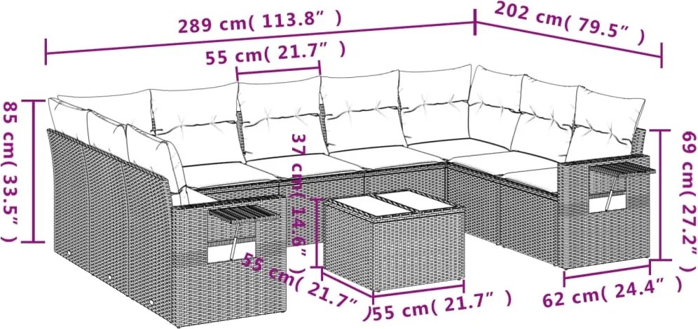 10dílná zahradní sedací souprava s poduškami černá polyratan 3252943