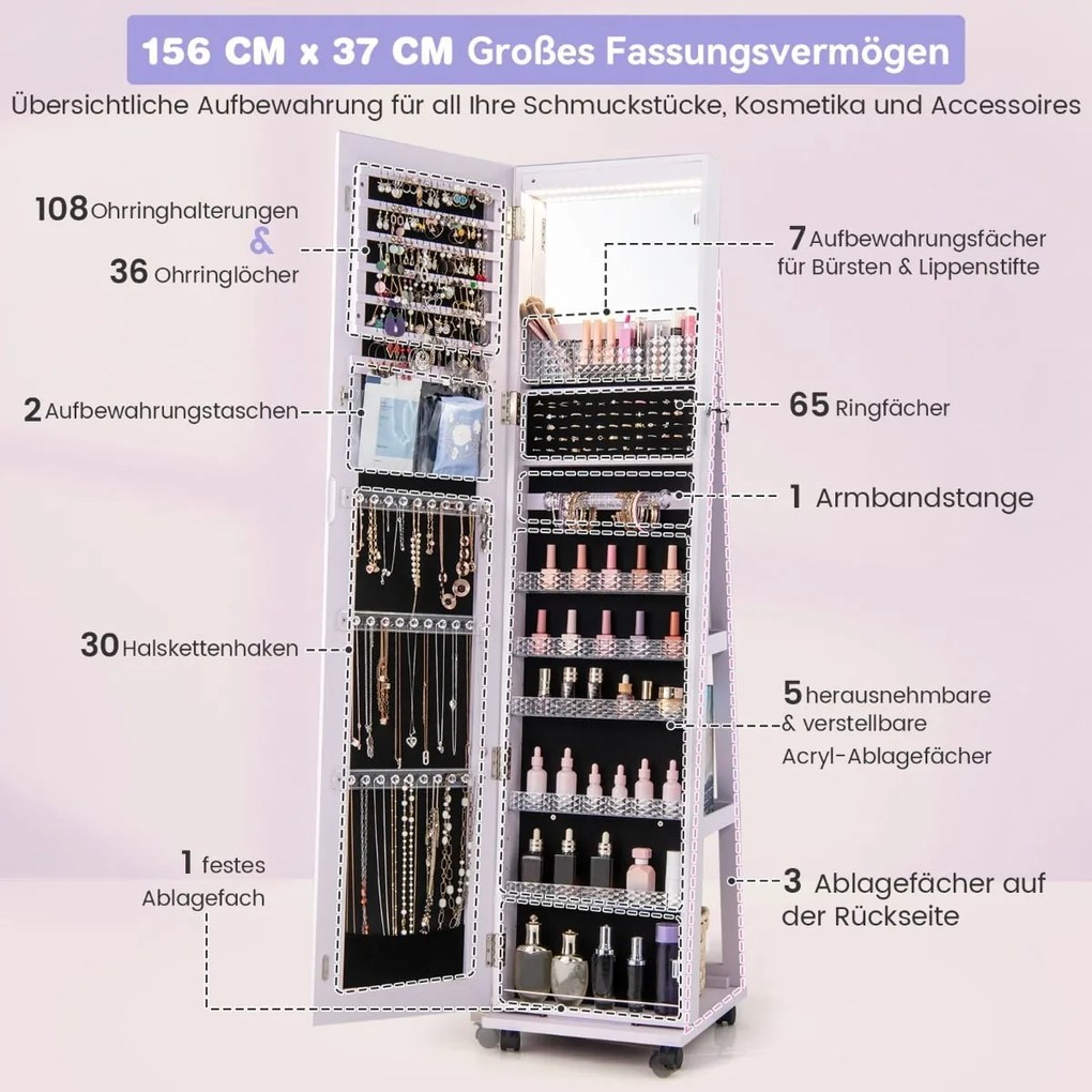 Costway Uzamykatelná šperkovnice s integrovaným make-up zrcadlem