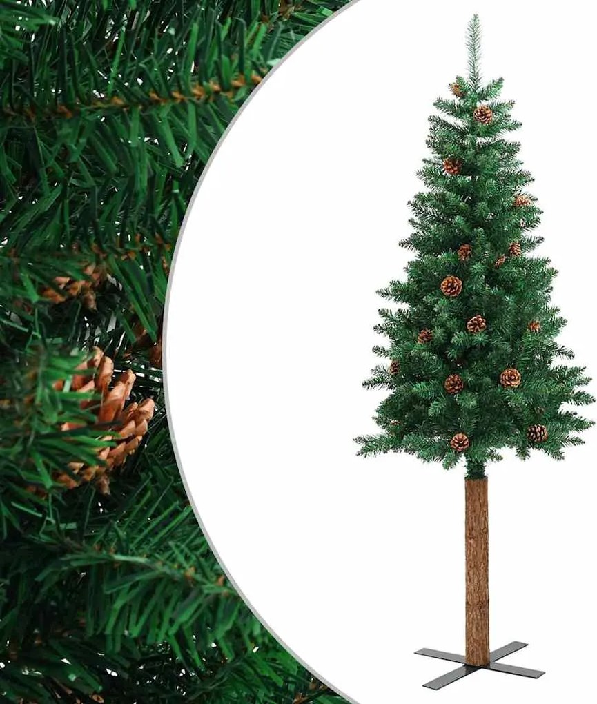 Úzký vánoční stromek pravé dřevo a šišky zelený 180 cm PVC 320958