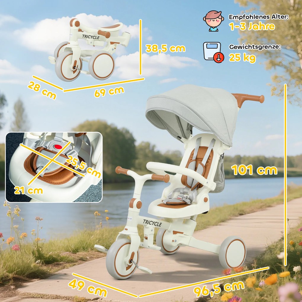 AIYAPLAY Dětská tříkolka, přeměnitelný dětský kočárek, design 5 v 1, odnímatelná rukojeť, nastavitelná, bezpečnostní pás, úložný vak, 1-3 roky, krémo…