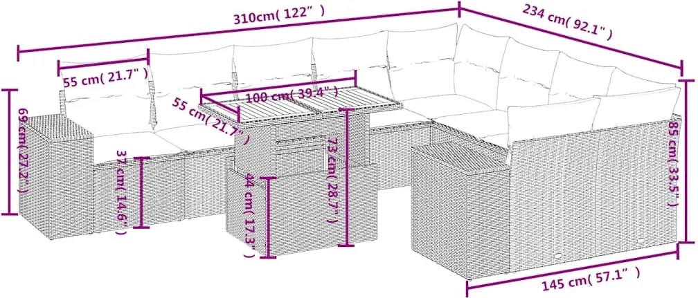 10dílná zahradní sedací souprava s poduškami béžová polyratan 3272794