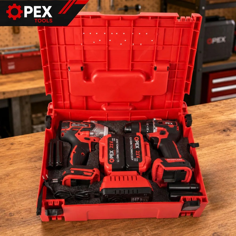 OPEX TOOLS Sada 2 v 1: vrták a šroubovák + akumulátový rázový klíč, 2x aku 21 v, 3 ah