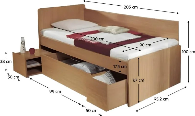 Postel OTO buk 90x200 s úložným prostorem, šuplíky a stolkem. Kondela 0000030010