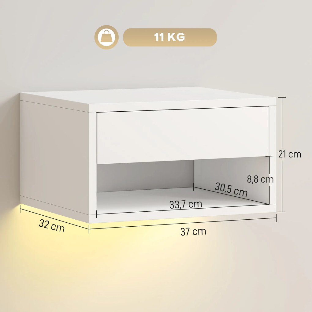 HOMCOM Noční stolek 2dílná sada s RGB LED osvětlením, závěsná noční skříňka s šuplíkem a otevřenou přihrádkou, bílá
